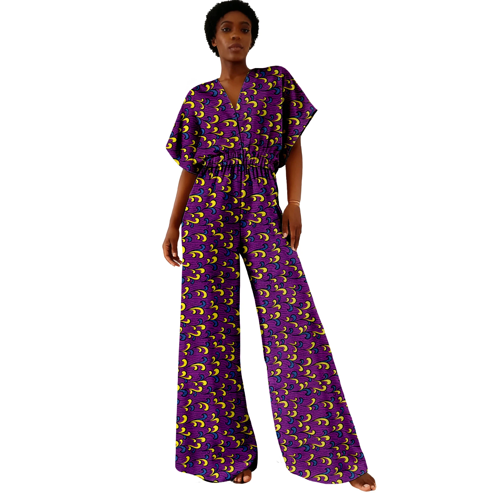 SEA&ALP Women's African Print Jumpsuit Ankara V Neck Batwing Sleeve ...