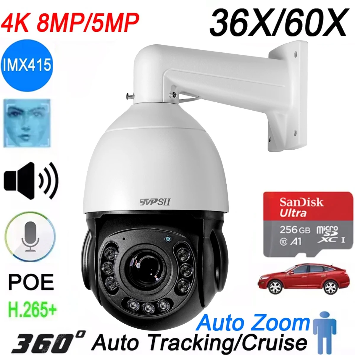 Max 256GB Auto Tracking 8MP 4K IMX415 H.265+ 60X 36X Optical Zoom 360° Rotation Audio Outdoor ...