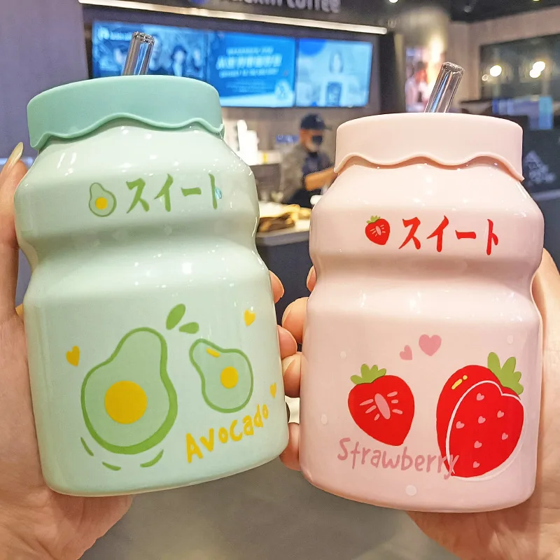 500ml Yogurt Cute Ceramics Water Bottle With Straps Carton Kawaii Tour ...