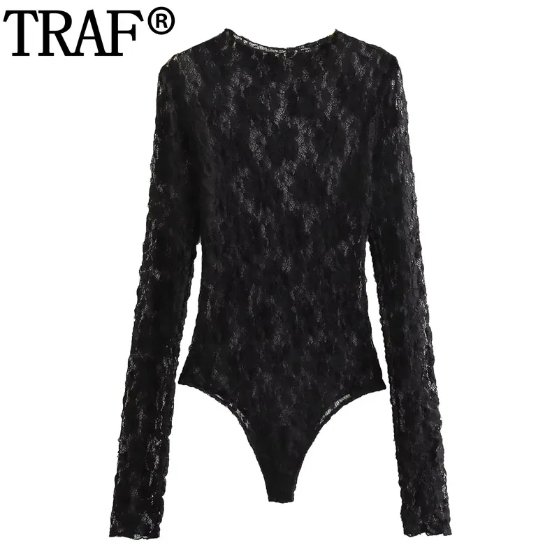 TRAF-bodysuit-feminino-de-renda-preta-semi-transparente-bodycon-de-uma ...