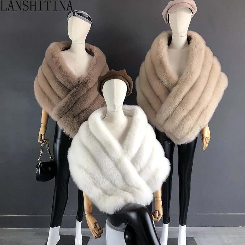Woman Real Fox Fur Shawl Vest Jacket Fluffy Fur Cape Natural Fur Poncho ...