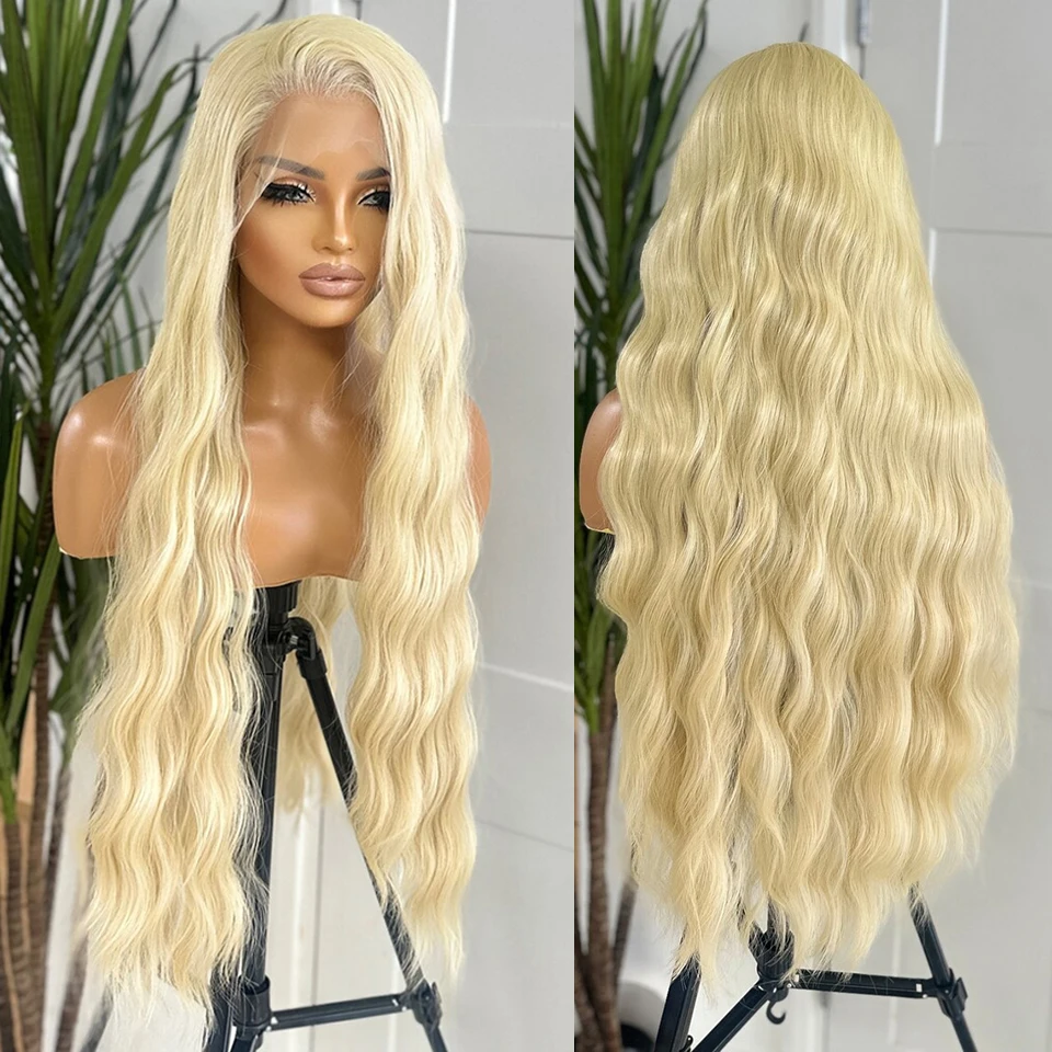 Honey-Blond-Wigs-Synthetic-Lace-Front-Wig-Long-Water-Wave-613-Blonde ...