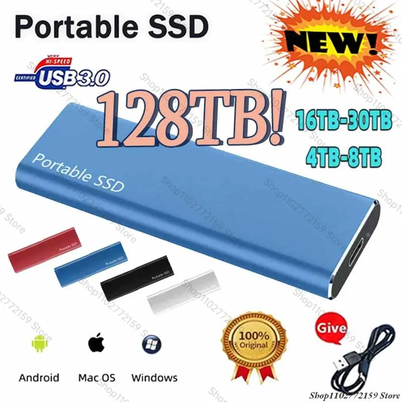 Portable SSD 128TB Hard Drive 30TB/64TB 100% Original External 16TB 8TB ...