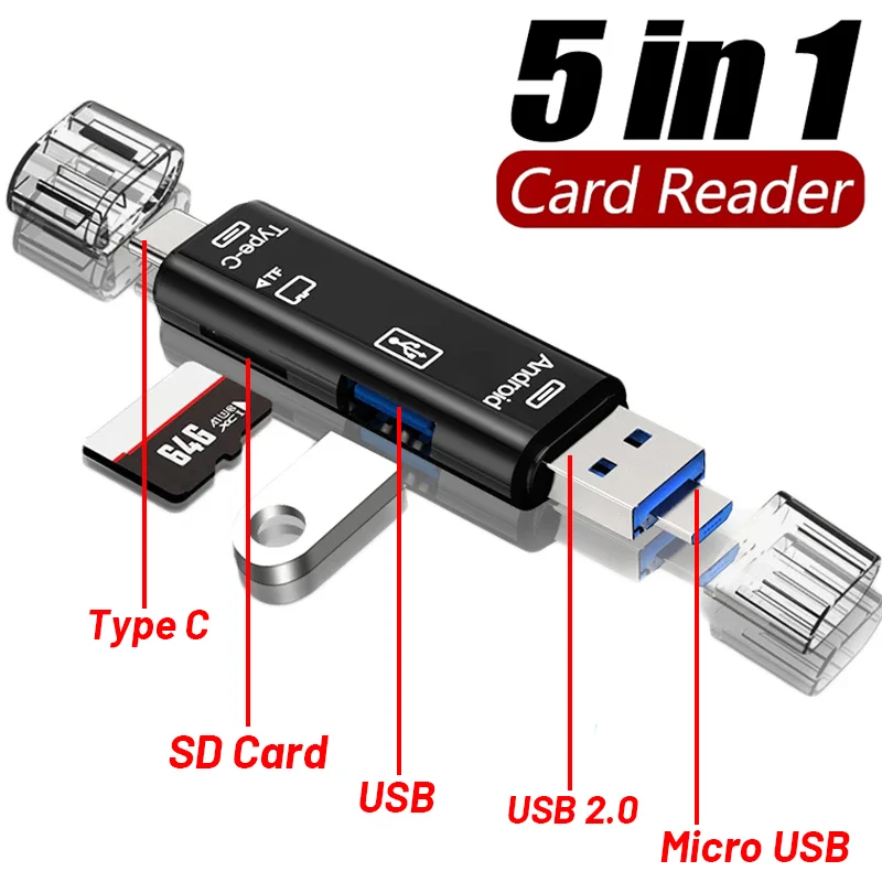 5 In 1 Multifunction USB 3.0 Type C USB Micro USB SD TF Memory Card Reader for Android IPhone ...