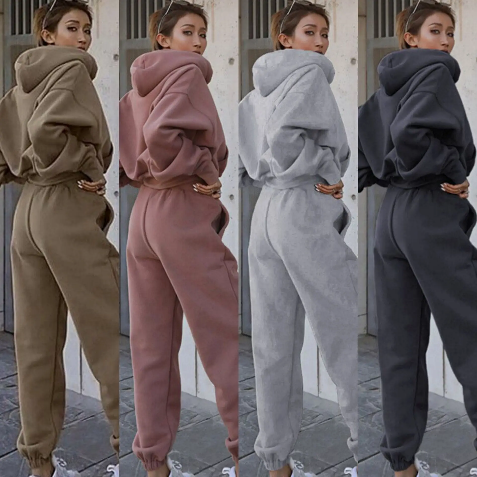 Dames-Sport-Tweedelige-Sets-Hoodie-Broek-Effen-Kleur-Capuchon-Broek ...