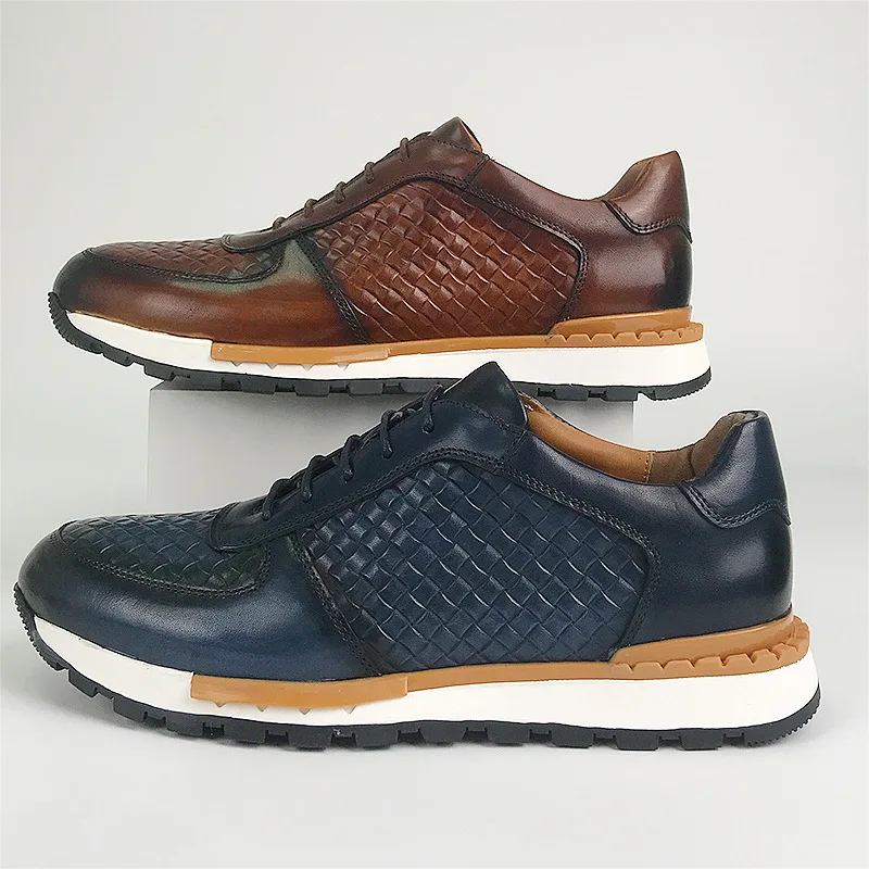 Men's Sneakers Genuine Leather Weaving Pattern Lace-Up Comfortable ...