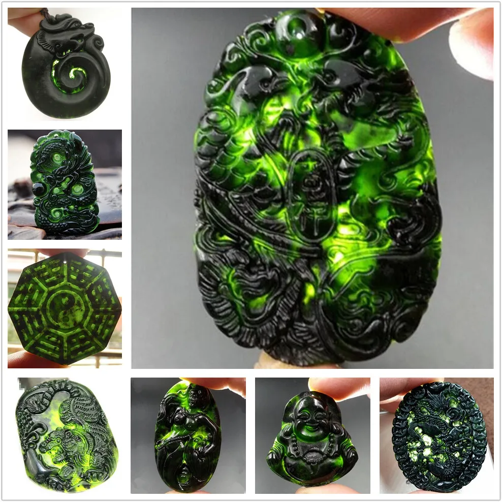Charm Natural Black Green Stone Jade Carved Chinese TaiJi BaGua Tiger ...