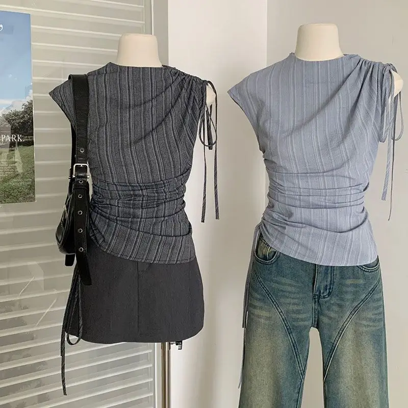 Summer-Blue-Striped-Drawstring-Top-Fashion-Women-Sweet-Cool-Casual ...