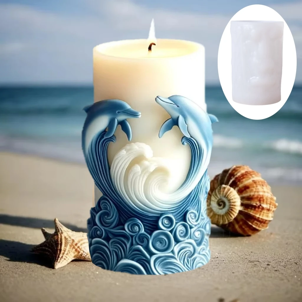 2024 ocean wave foam cylindrical candle silicone mold whale dolphin ...