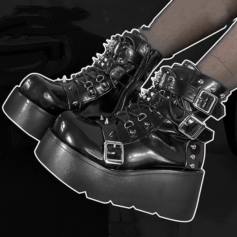 Botas-punk-de-plataforma-robusto-para-mulheres-couro-preto-PU-fivela-de ...