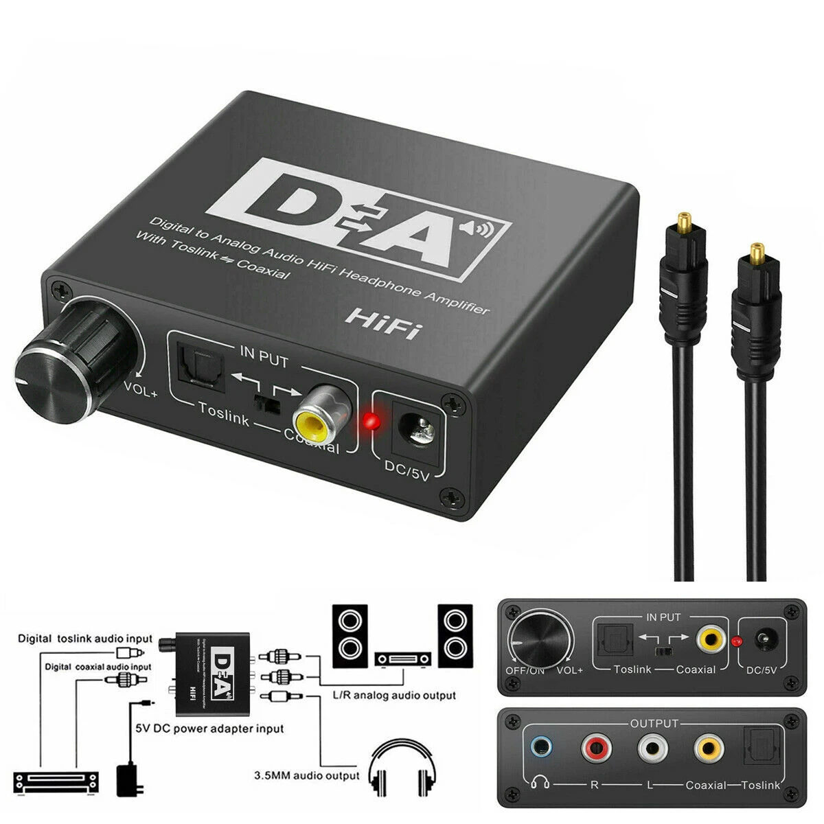 Convertidor de Audio DAC Hifi de 192KHz, Coaxial óptico Toslink Digital ...