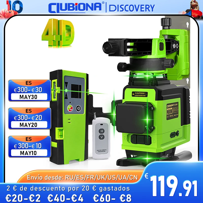 Clubiona Nivel láser 4D, 16 líneas, profesional, núcleo alemán, Control remoto de techo, Línea ...