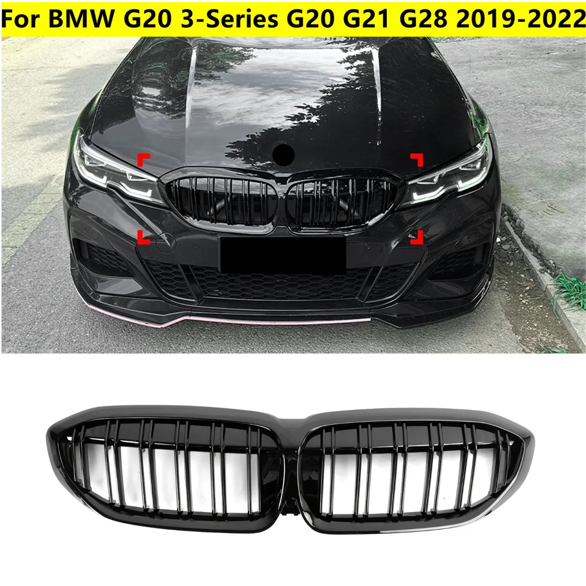 Glossy Black Dual Slat Front Kidney Grille Grill For BMW G20 3-Series ...
