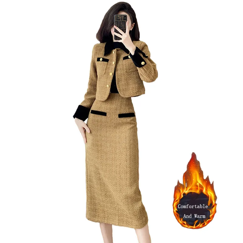 French-Vintage-Tweed-Two-Piece-Set-Women-Short-Jacket-Coat-Split-Midi ...