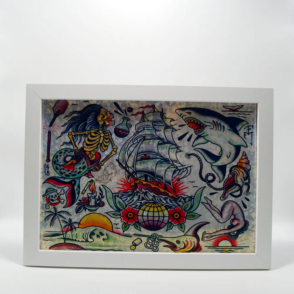 Shark-Sailing-Skeleton-Tattoo-Art-Poster-Waterproof-Laser-Vinyl-Inkjet ...