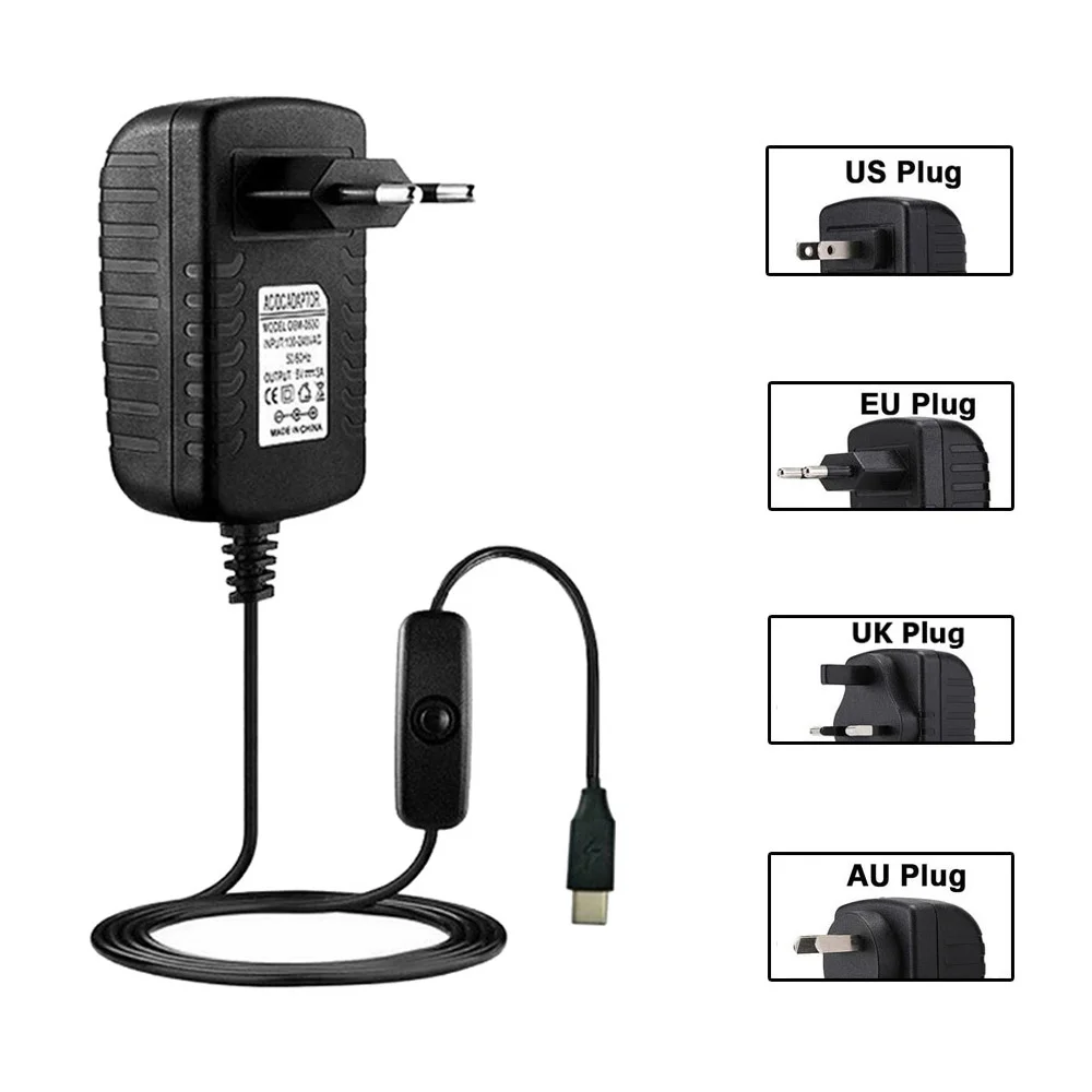 5V 3A Raspberry Pi 4 Power Supply With ON/OFF Switch EU US UK AU USB C ...