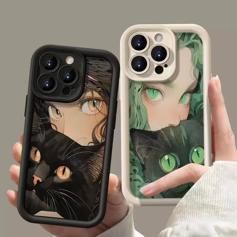 Oil-Painting-Art-Black-cat-girl-Phone-Case-For-iPhone-15-Pro-Max-14-13 ...