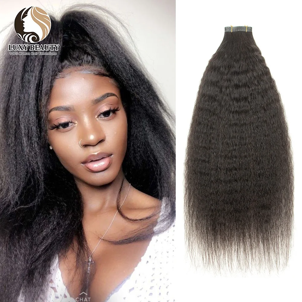 Long-Kinky-Straight-Tape-Weft-Human-Hair-Extensions-Black-Women-Natural ...