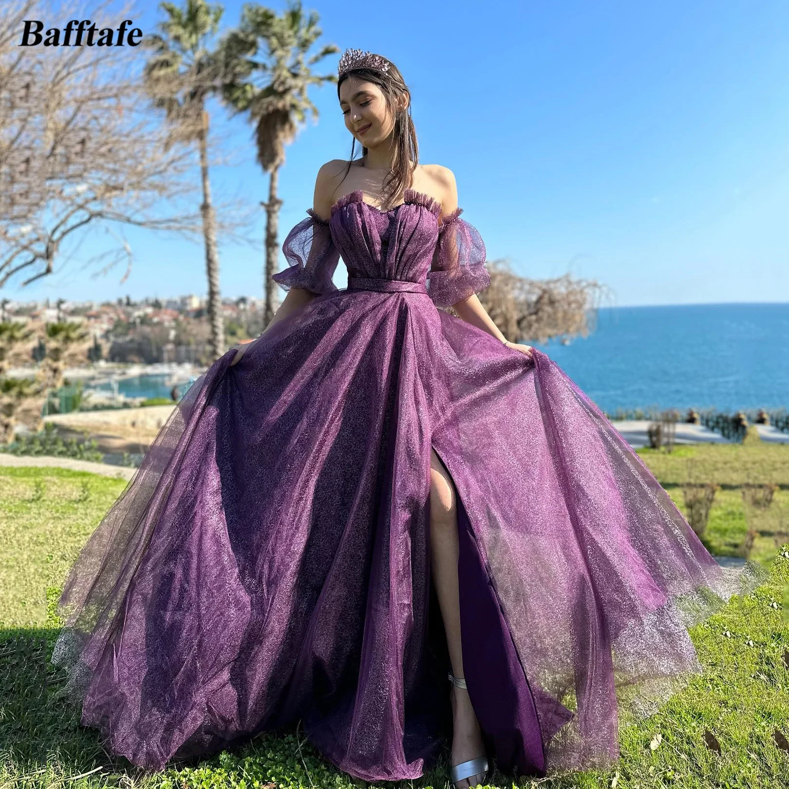 Bafftafe-Sparkly-Purple-Tulle-Korea-Prom-Dresses-Half-Sleeves-Women ...