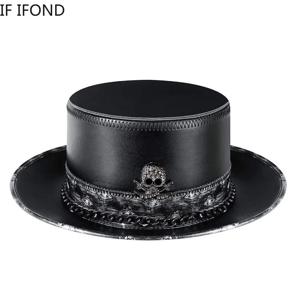 Halloween-Cosplay-Party-Dress-Hats-PU-Leather-Men-Top-Hat-Skull ...