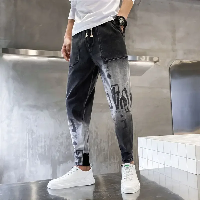 Harem-Trousers-with-Print-Black-Graphic-Jeans-for-Men-Male-Cowboy-Pants ...