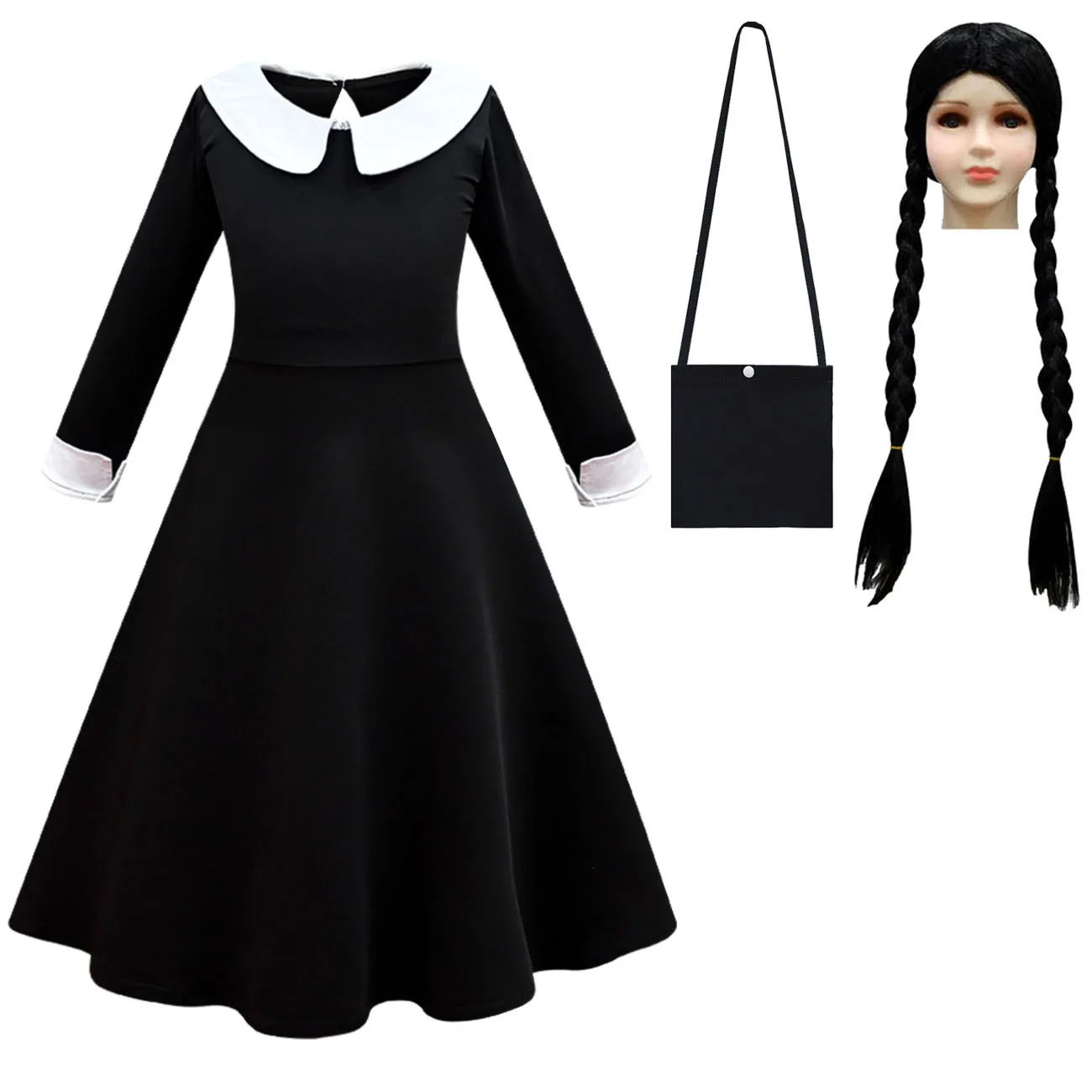For Girls Wednesday Addams Cosplay Dress Costumes Black Gothic Dresses ...