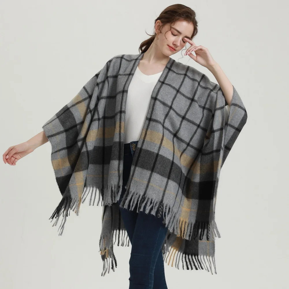 Fashion Plaid Pattern Winter Warm Tassels Scarf Split Cape Women Poncho ...