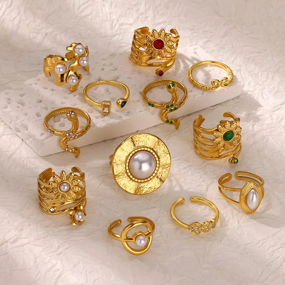 Stainless-Steel-Green-Zircon-Sunflower-Snake-Ring-for-Women-Gold-Color ...