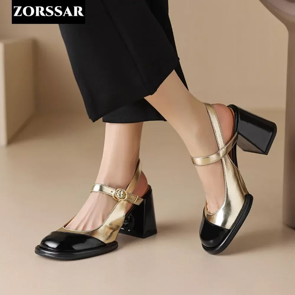 Gold Silver High Heels for Women 2024 Fashion Round Toe Genuine Leather ...