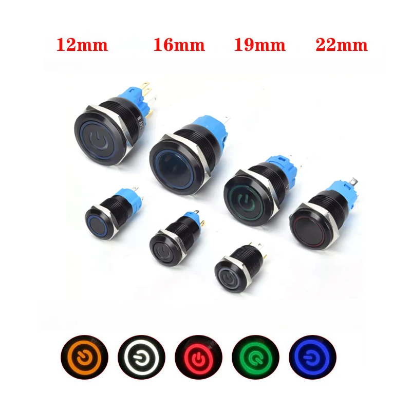 Black-Push-Button-Switch-12-16-19-22mm-Waterproof-illuminated-Led-Light ...