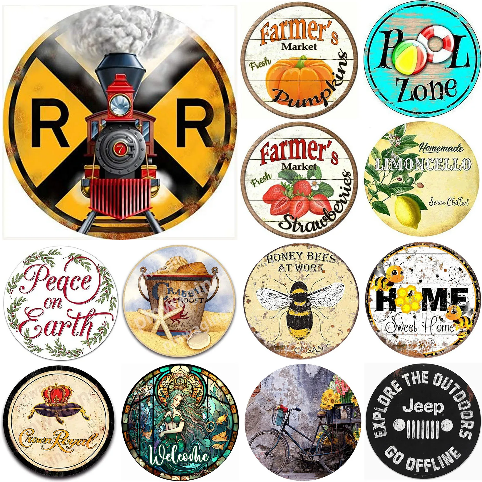 Circular-Metal-Tin-Signs-Train-Signage-Railroad-Crossing-Vintage-Round ...
