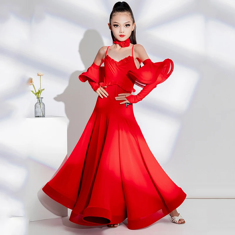 2024-Girls-Ballroom-Dance-Competition-Dress-Red-Performance-Costume ...