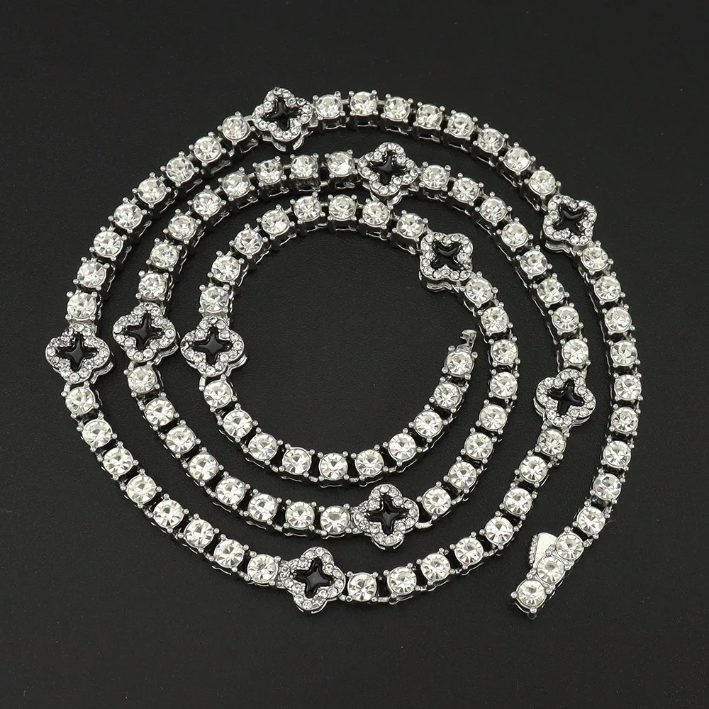 Full Drill Four Leaf Clover Spliced Tennis Chain Necklace Luxury Street ...