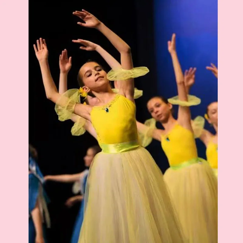 Girl-Yellow-Soft-Tulle-Ballet-Dress-With-Ribbon-Belt-Female-One-Piece ...