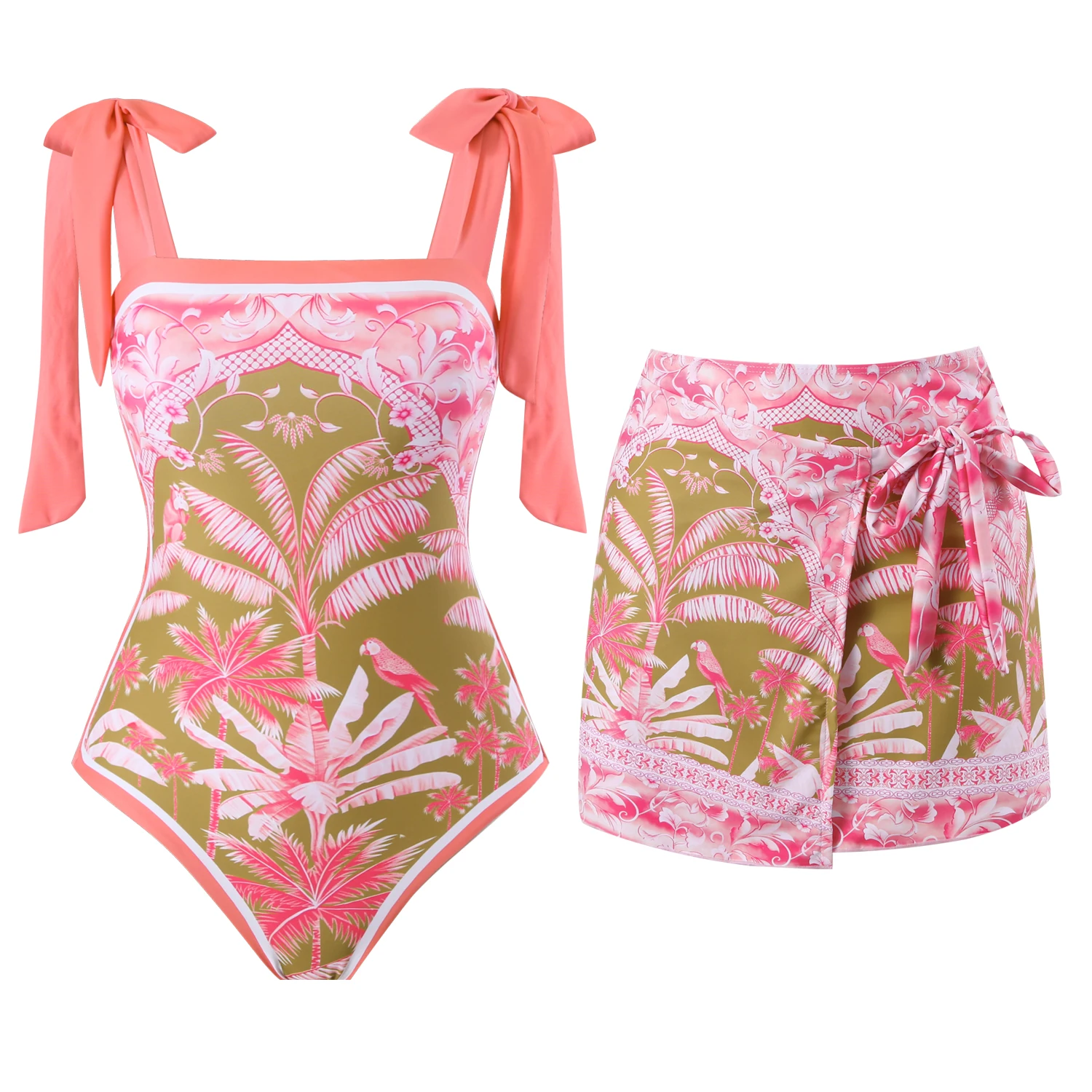 Women-s-Retro-Print-Ruffle-Edge-Swimsuit-with-Skirt-Slim-Bikini-Suit ...