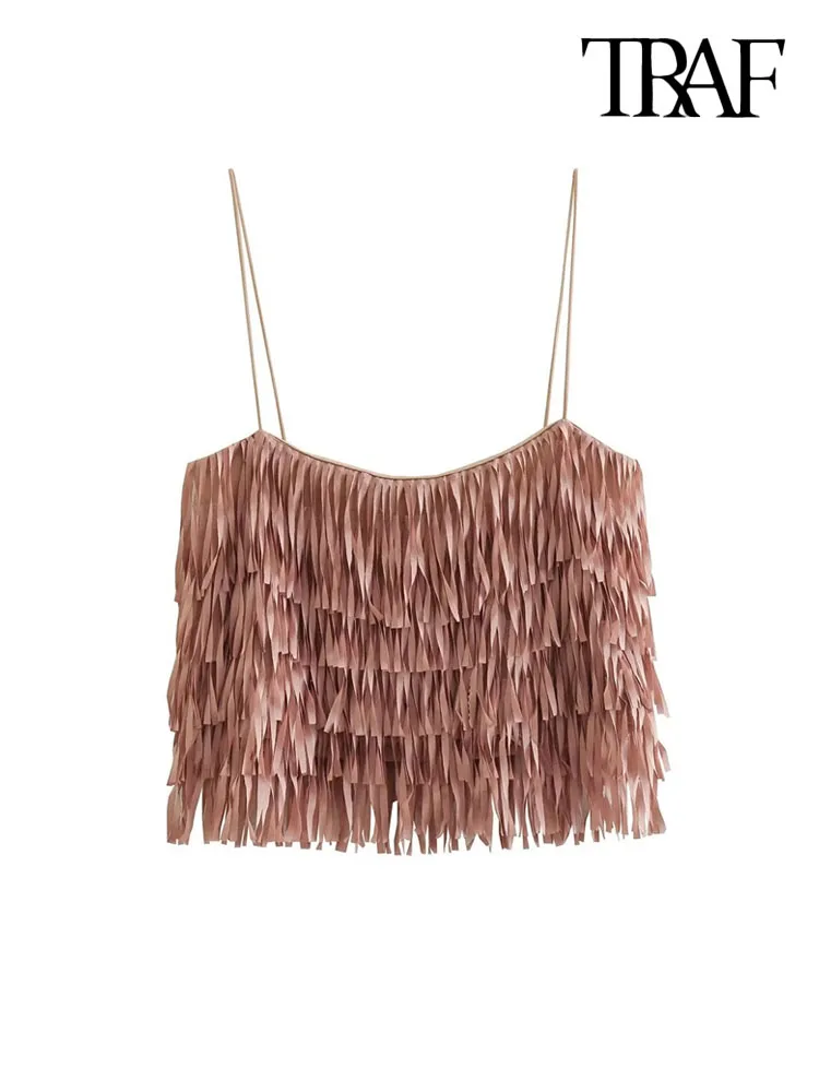 Traf-top-curto-com-apliques-de-franjas-para-mulheres-regata-sexy-pesco ...