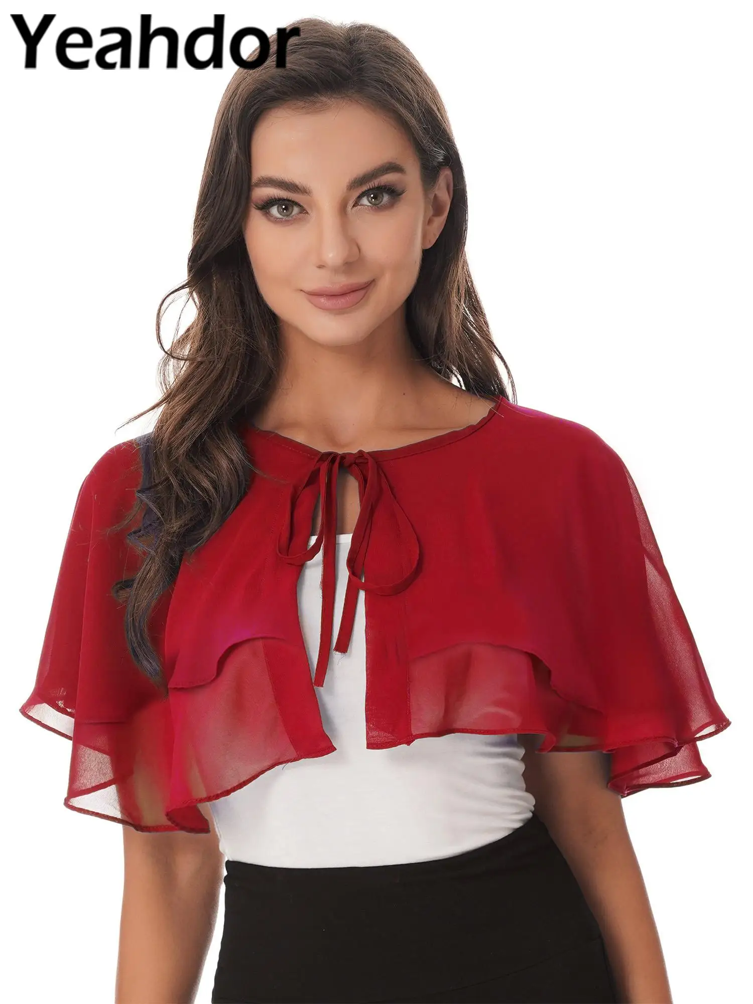 Womens Lace-up Chiffon Capelet Double-layered Wraps Cape Wedding ...