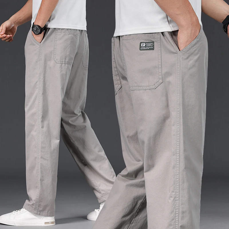 Big Size Mens Casual Pants Relaxed Fit Cotton Trousers Elastic Waist ...