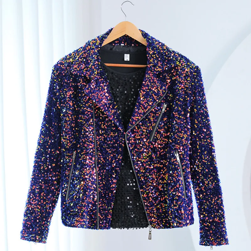 Male Singer Stage Sequins Jacket Glitter Gold Purple Zipper Motorcycle ...