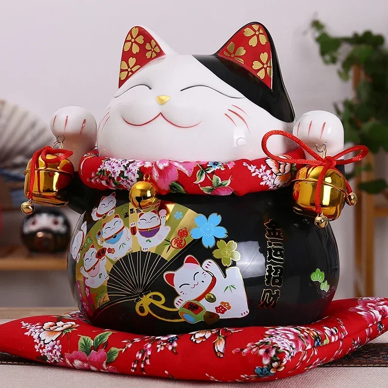 10 inch Black Ceramic Maneki Neko Ornament Lucky Cat Money Box Fortune ...