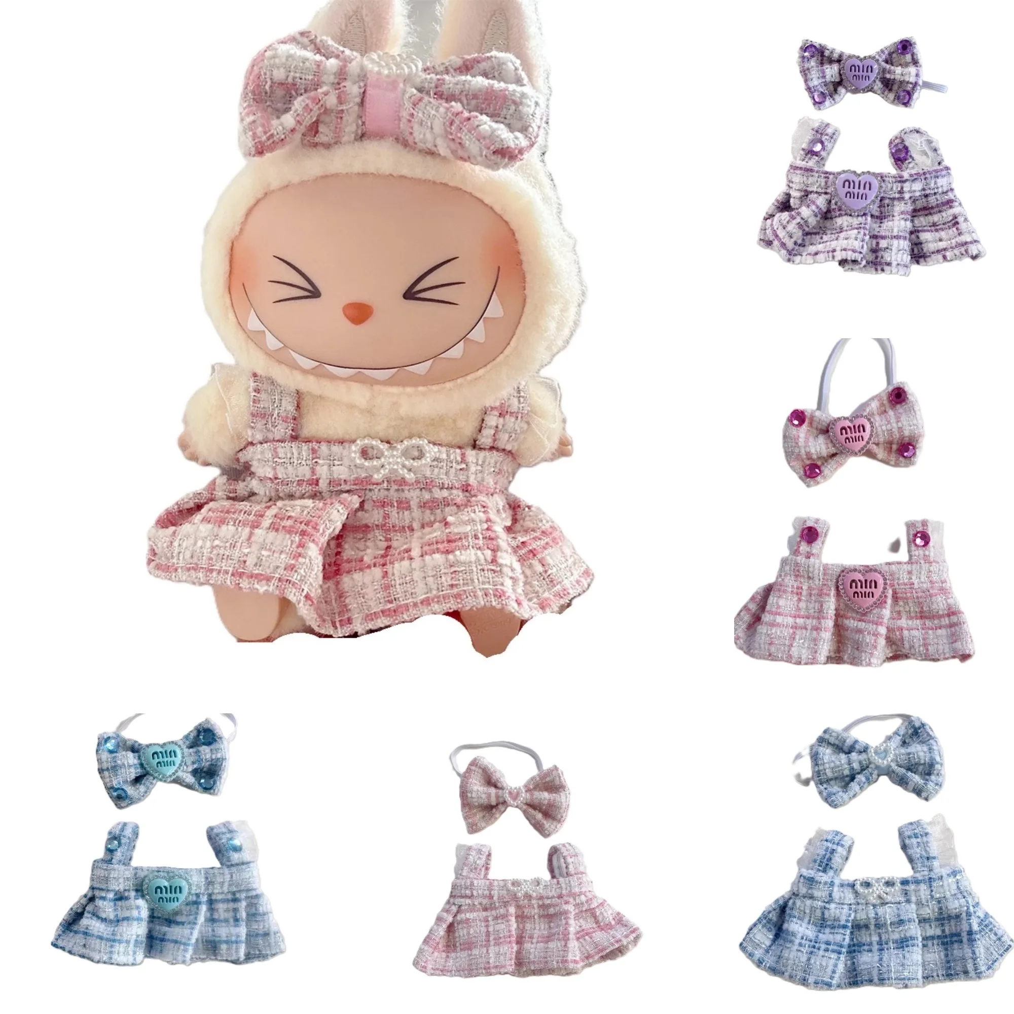 For Labubu Sitting Party Series Classic Pink Dress Grid Style Labubu ...