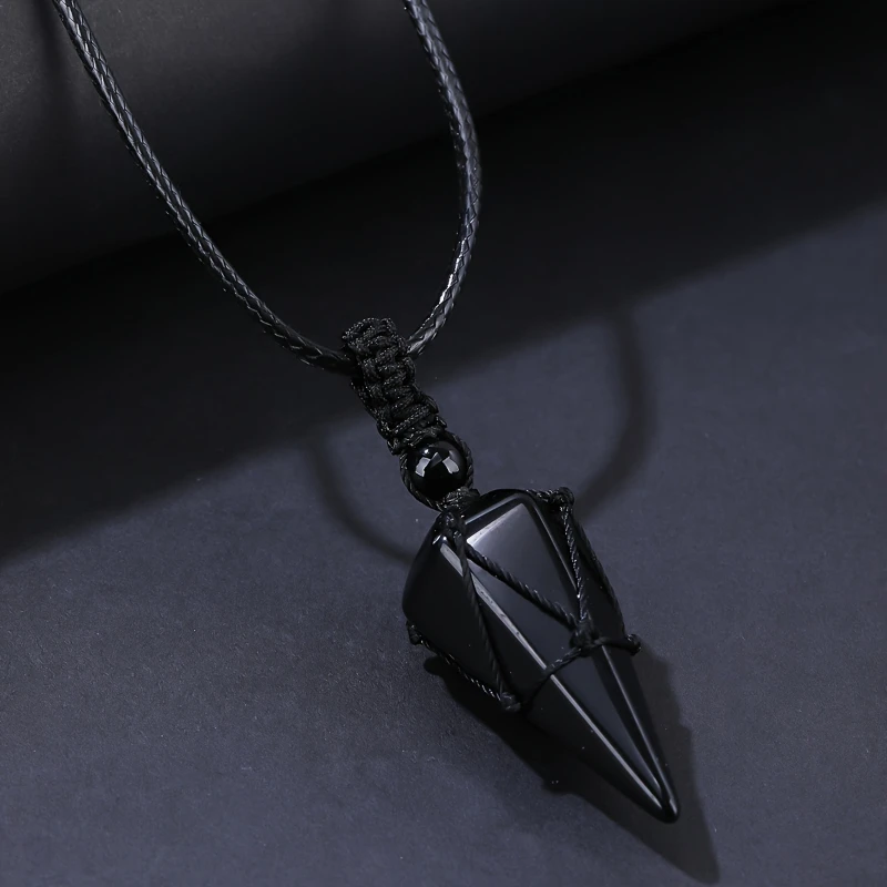 Black Lucky Cool Natural Obsidian Hexagonal Cone Mesh Pocket Braided ...
