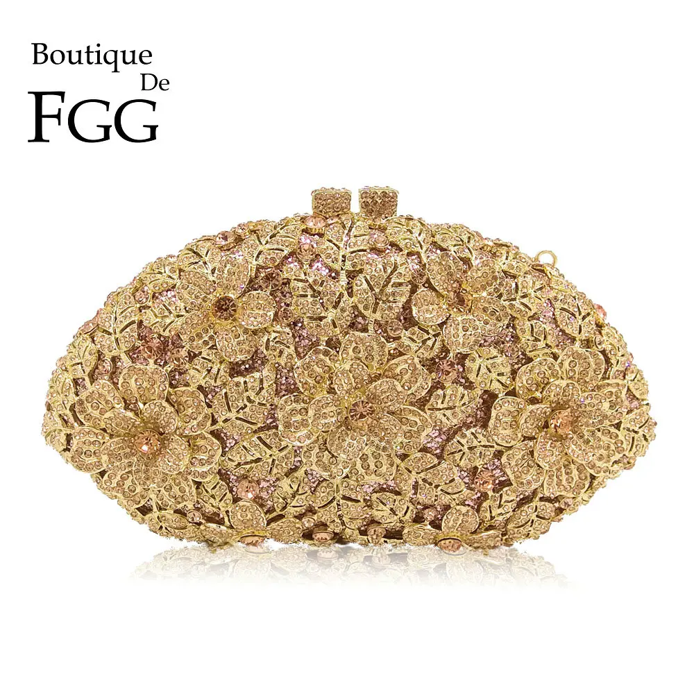 Boutique De FGG Dazzling Champagne Flower Crystal Clutch Evening Purse ...