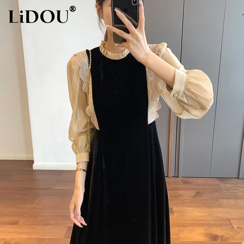 Spring-Autumn-Korean-Style-Lace-Patchwork-Elegant-Fashion-Dress-Ladies ...