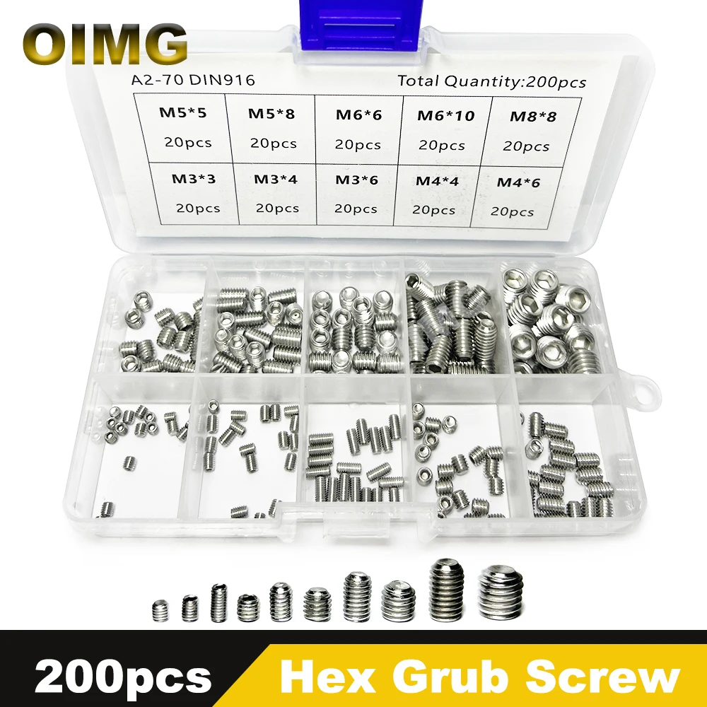 200pcs-Allen-Head-Socket-Hex-Grub-Screw-Kit-304-Stainless-Steel ...