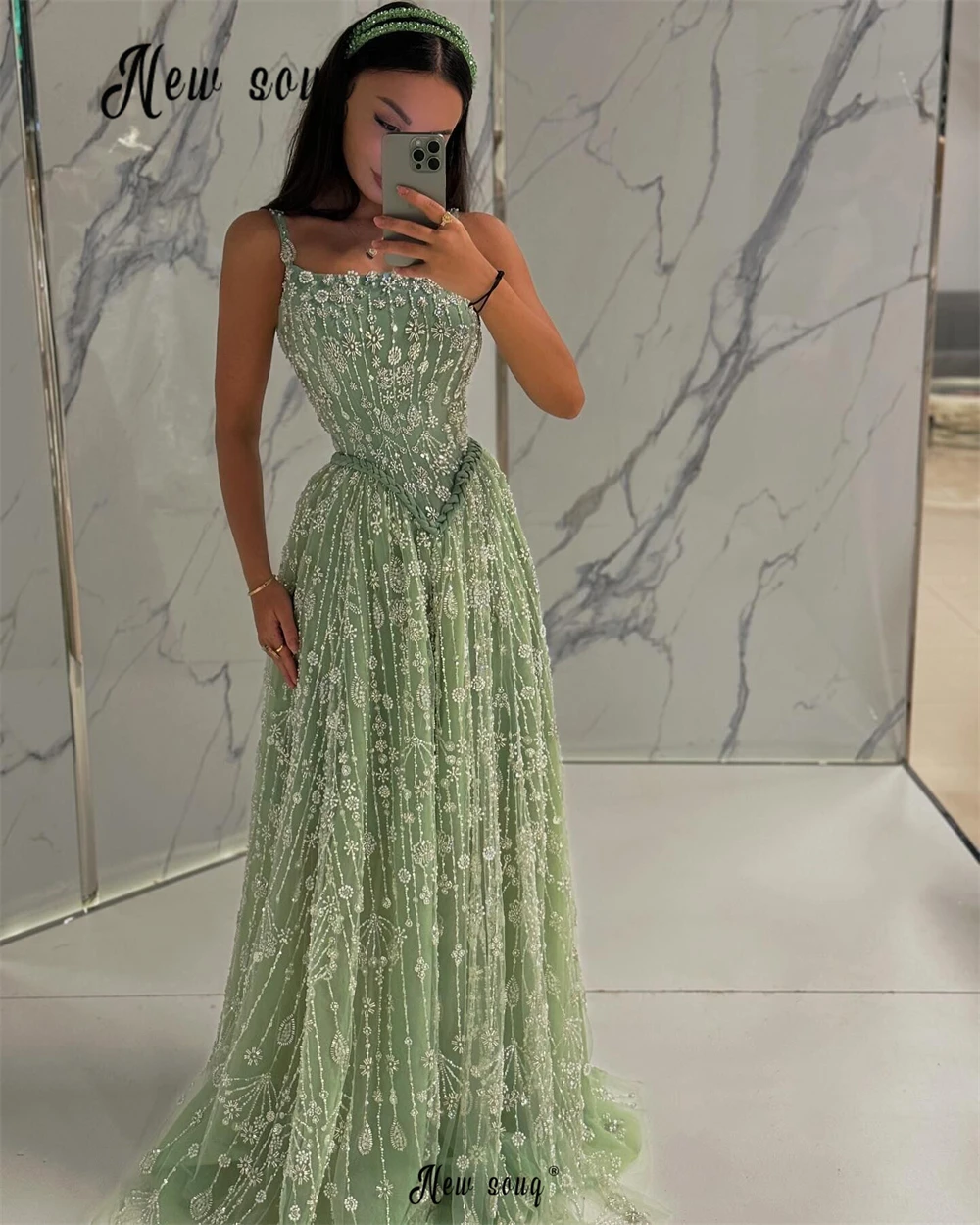 Green Embroidery Party Gown A Line Spaghetti Straps Bridesmaid Dress ...