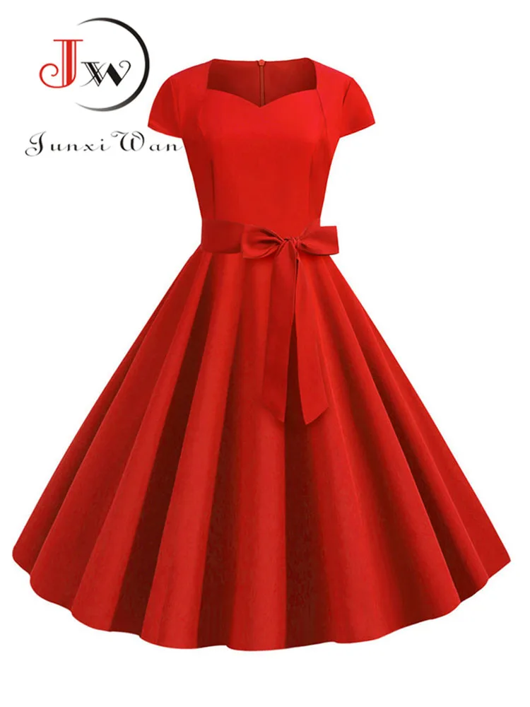Summer Vintage Dress Robe Femme Women Solid Red Black Square Collar ...
