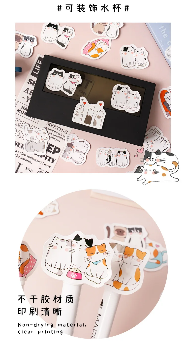 46Pcs Cute Cat Boxed Stickers Decorative Scrapbooking Cartoon Animals ...