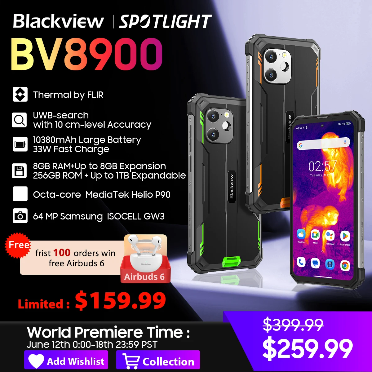 Blackview BV8900 안드로이드 13 6.5 인치 1080x2400 디스플레이, 16GB 256GB Helio P90 64MP 후면 카메라, FLIR 업그레이드 ...