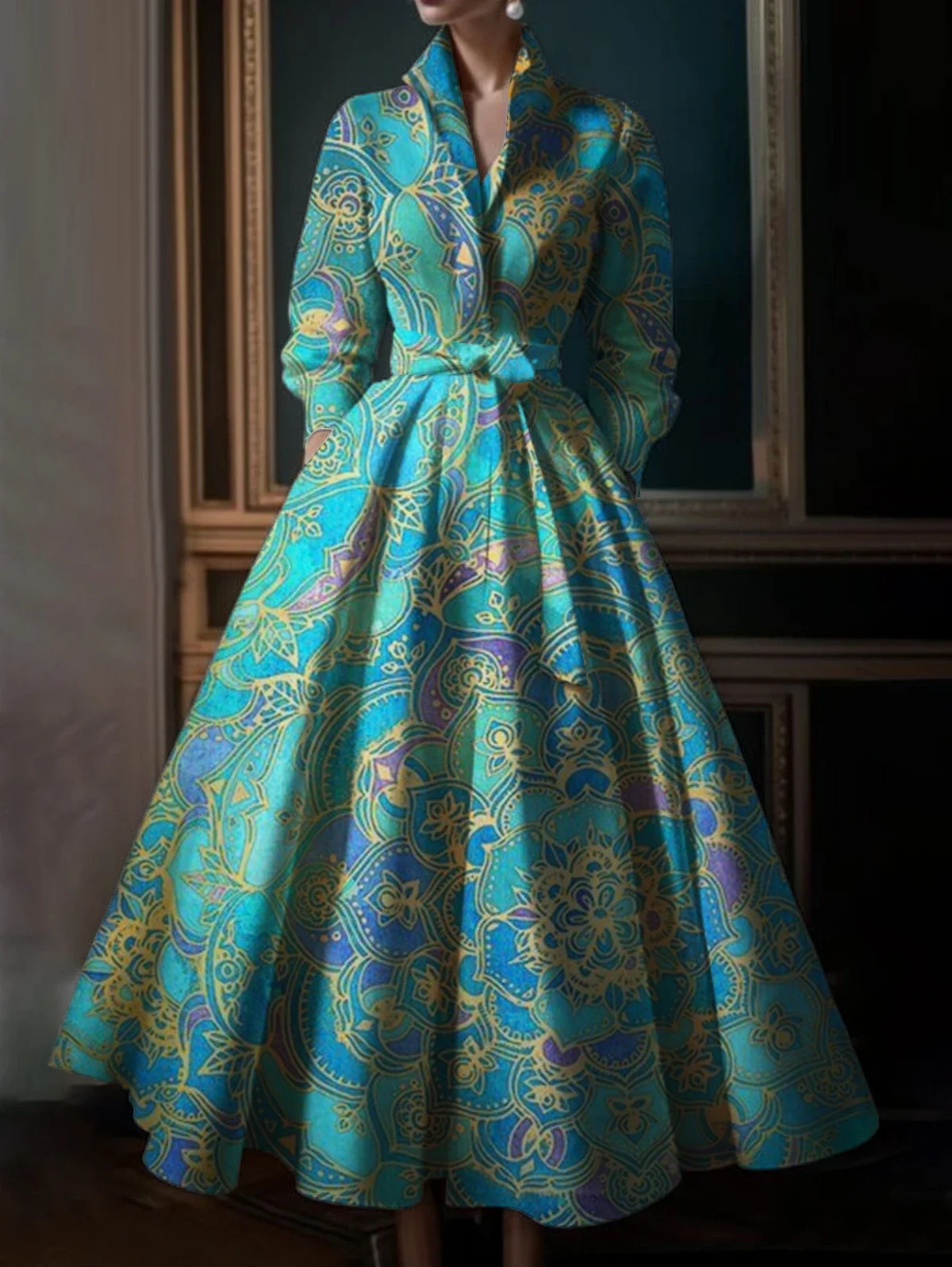 Elegant-Bohemian-Style-Printed-Pattern-Vintage-Stand-Collar-Pocket-Long ...